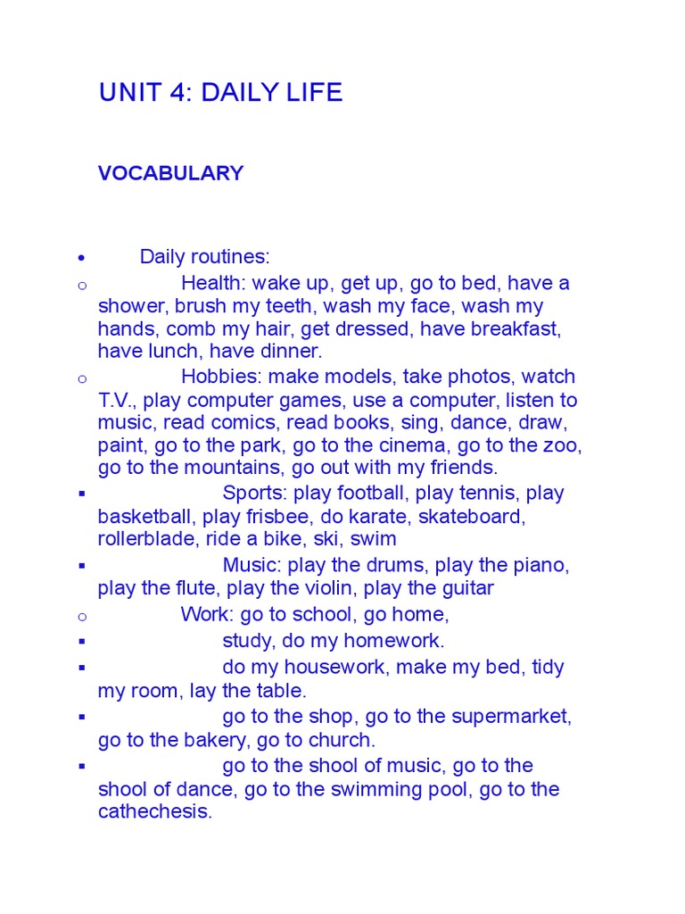 Unit 4: Daily Life: Vocabulary | PDF