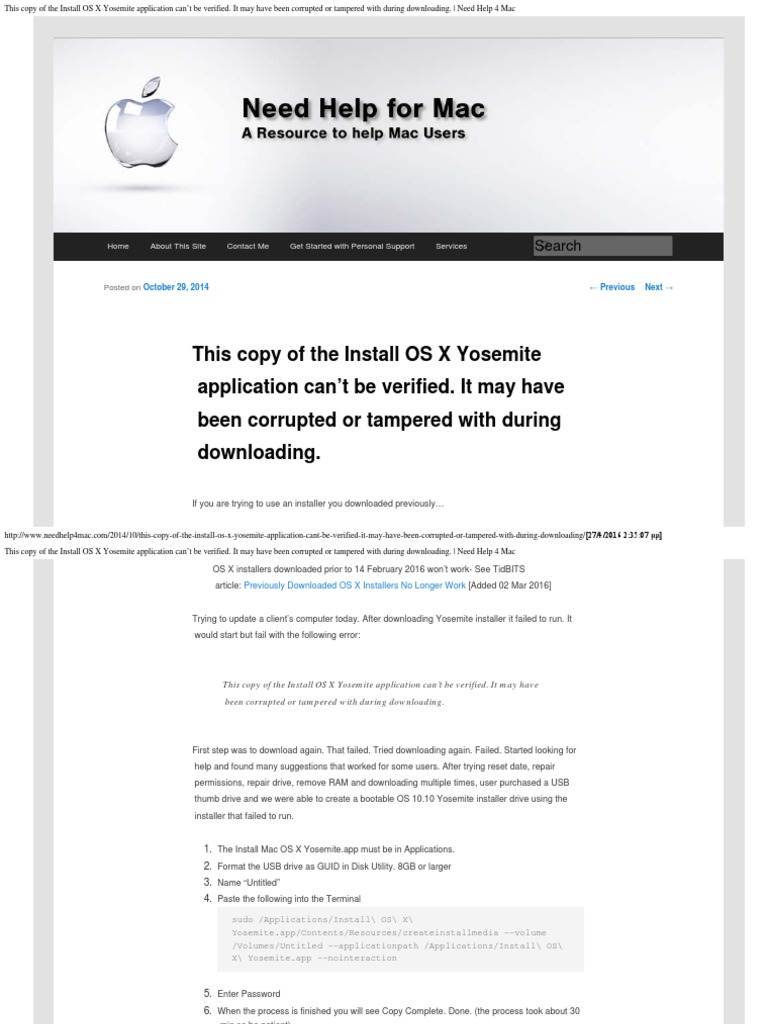 This Copy of The Install OS X Yosemite Application Can't Be Verified. It May Have Been Corrupted ...