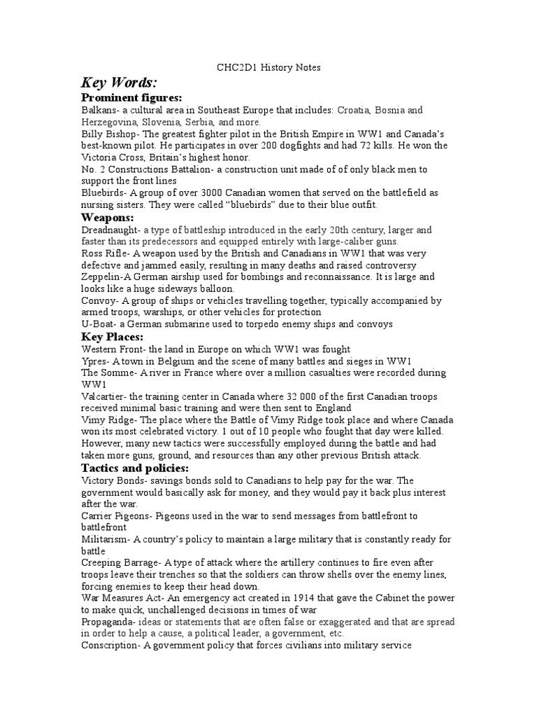 CHC2D1 History Notes Unit 1 | PDF | World War I | German Empire
