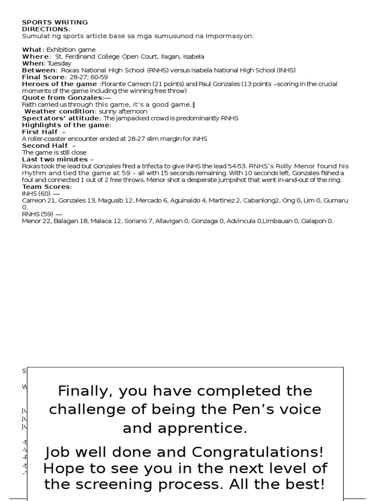 Sports Writing Exercises for Students | PDF