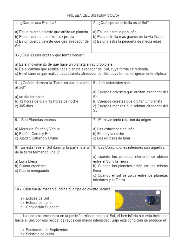 Prueba Del Sistema Solar | Luna | Planetas