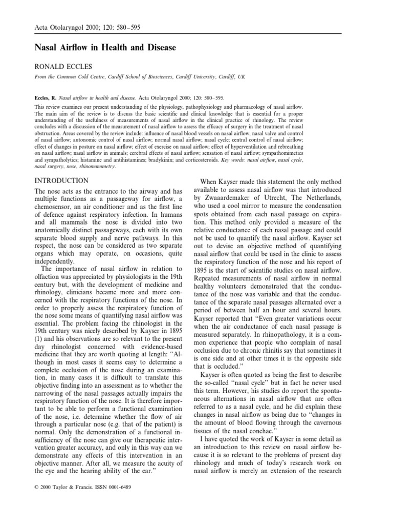 Eccles Nasal Air Flow in Health and Disease | PDF | Vasodilation ...
