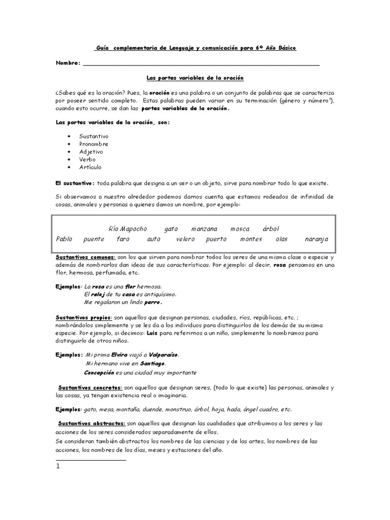Partes Variables de la Oración 6º Básico | PDF | Sustantivo | Palabra