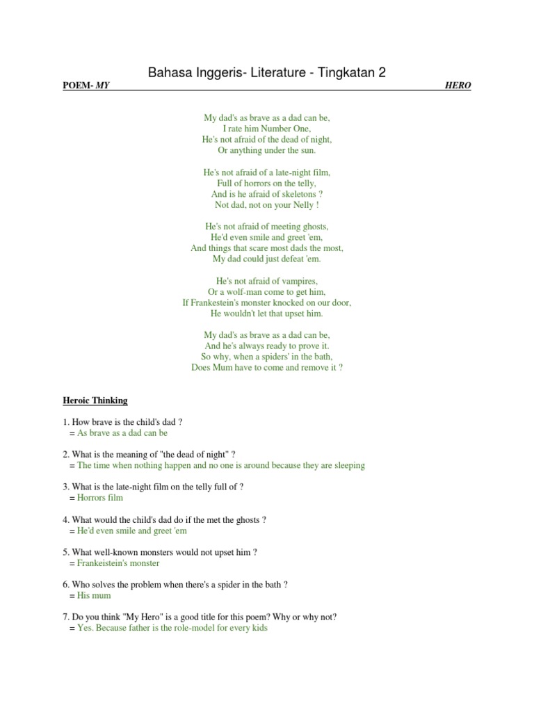 Hero - Poem For Form 2 Literary Text | PDF