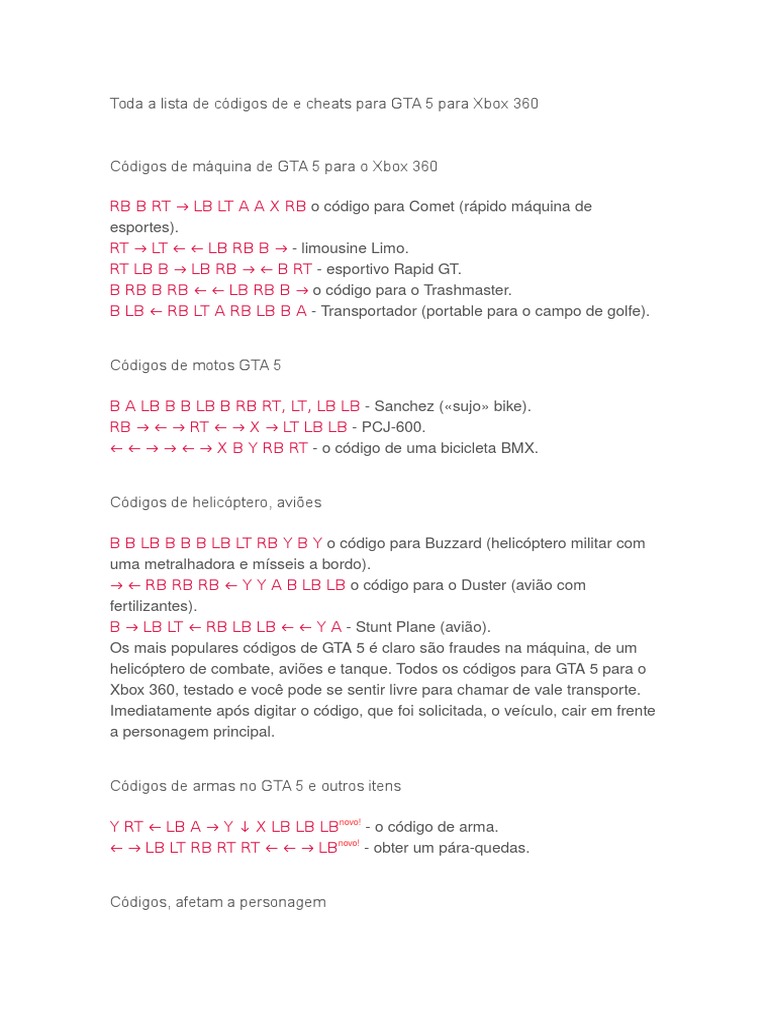 Toda A Lista de Códigos de e Cheats para GTA 5 para Xbox 360 | PDF ...