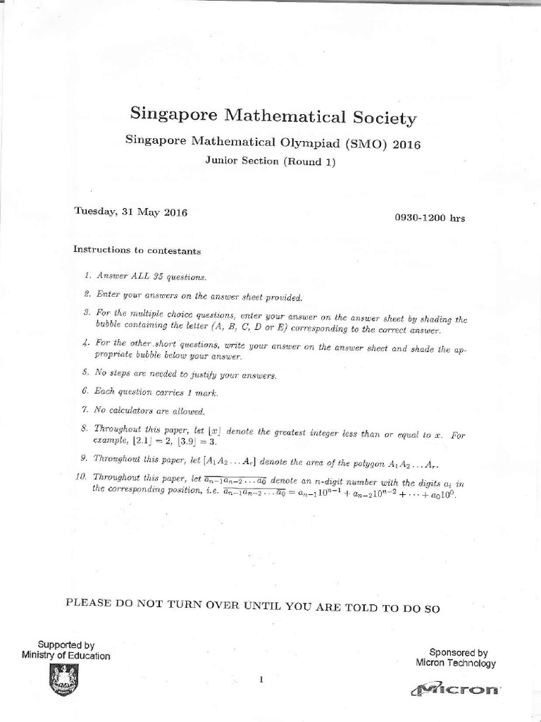 Singapore Math Olympiad 2016 | PDF | Numbers | Euclidean Plane Geometry