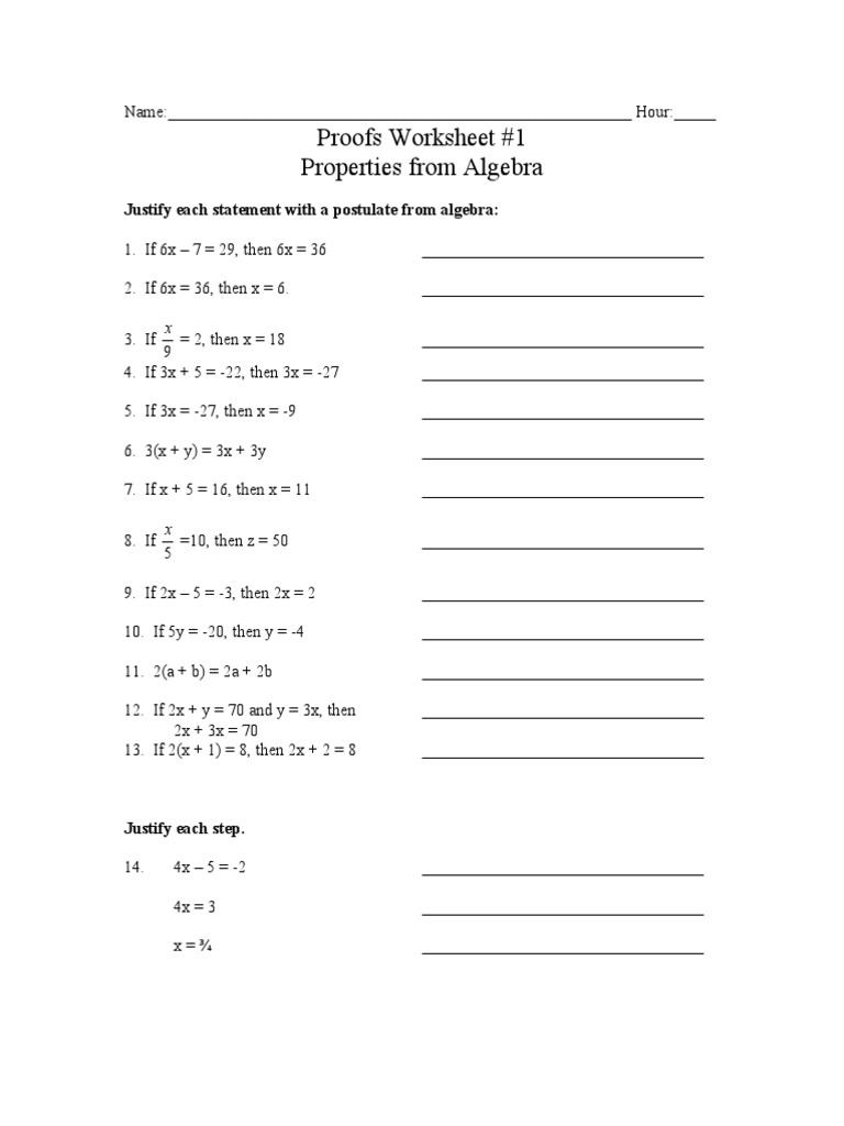 Algebra Proofs Worksheet Guide | PDF