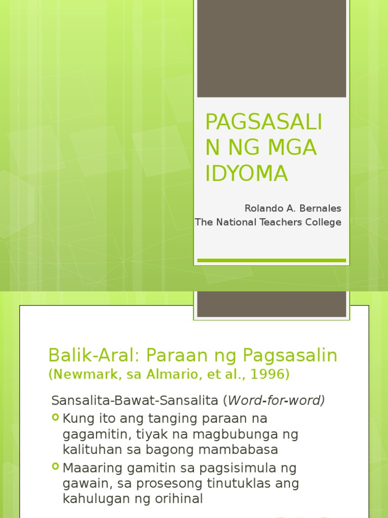 Pagsasalin NG Idyoma | PDF | Language Arts & Discipline | Foreign ...