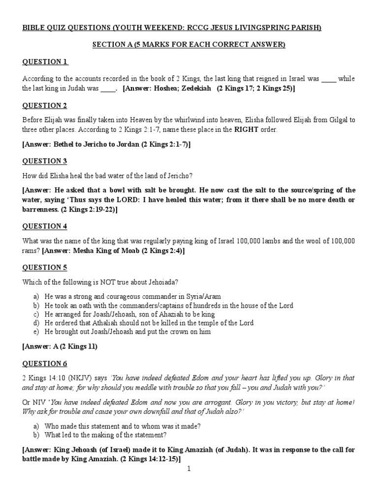 Bible Quiz Questions | PDF | Kingdom Of Judah | Books Of Kings