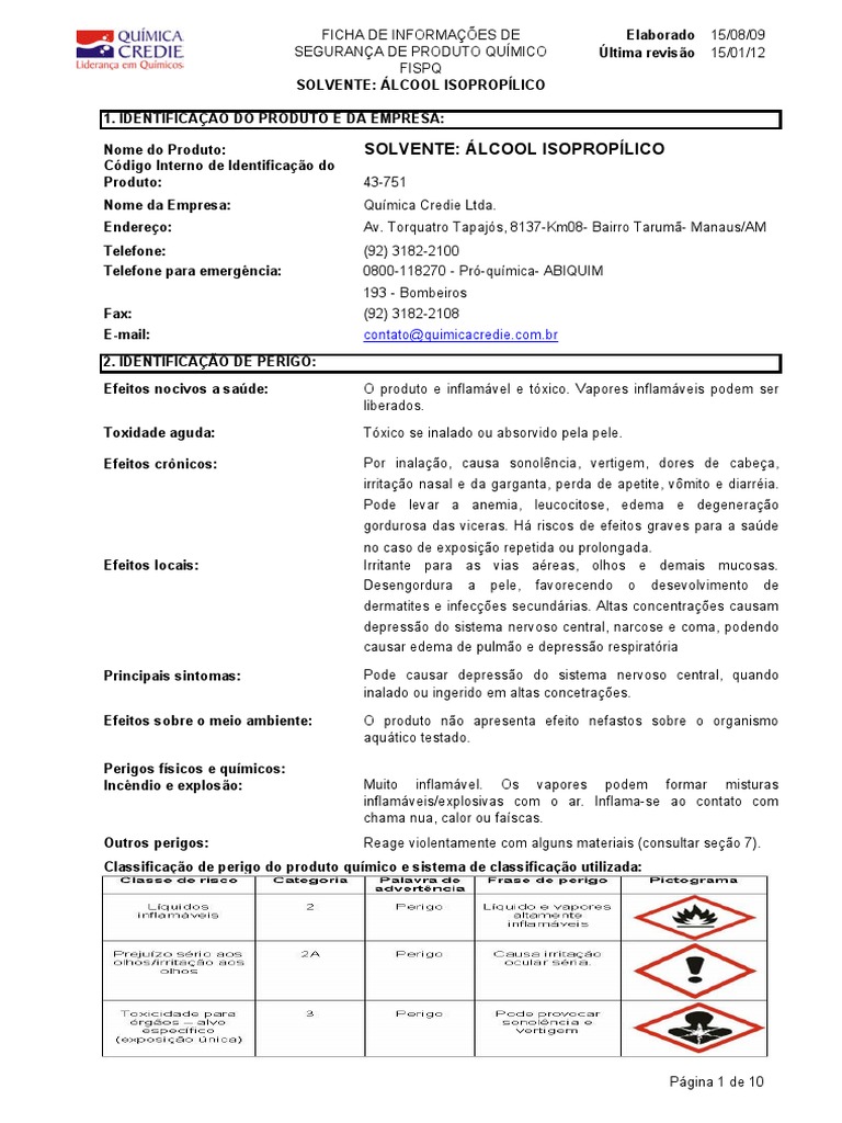 FISPQ - alcool Isopropilico | Ácido Sulfúrico | Oxigênio