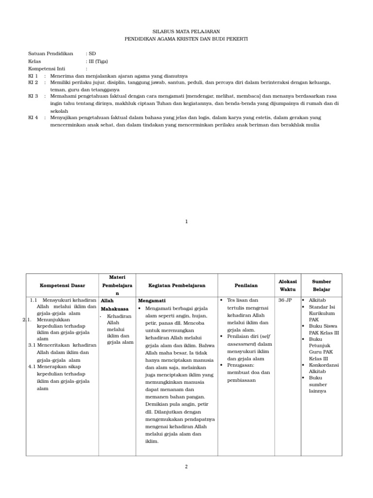 SILABUS Pendidikan Agama KRISTEN SD Kelas 3 Semester 1 Dan 2 | PDF