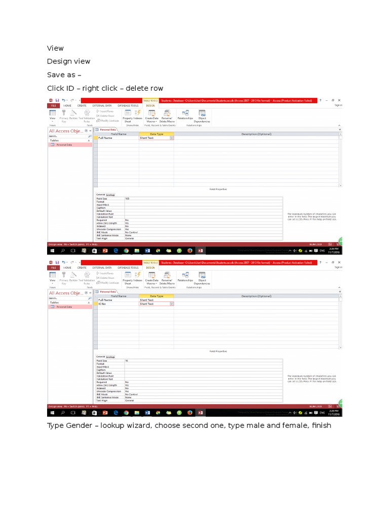 View Design View Save As - Click ID - Right Click - Delete Row | PDF