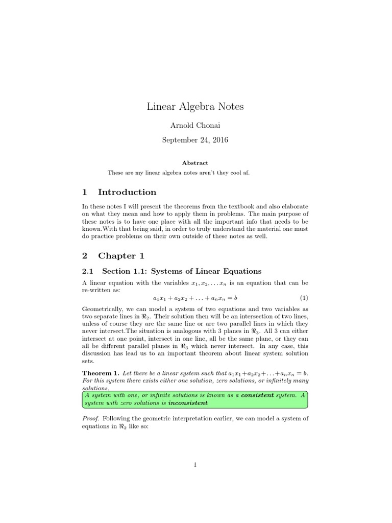 Linear Algebra Notes PDF | PDF | System Of Linear Equations | Matrix ...