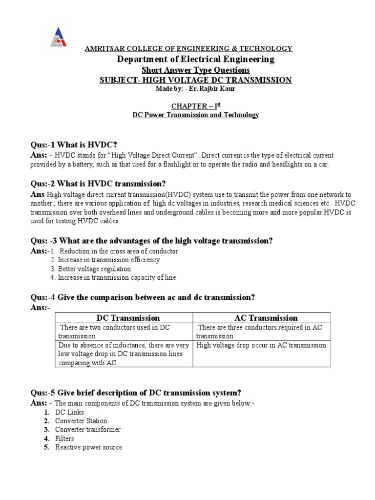 Short Answer Type Questions of HVDC Transmission | PDF | High Voltage ...