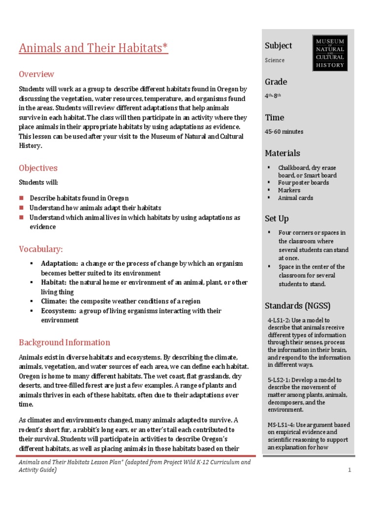 Animals and Their Habitats Lesson Plan - 0 | PDF | Habitat | Adaptation