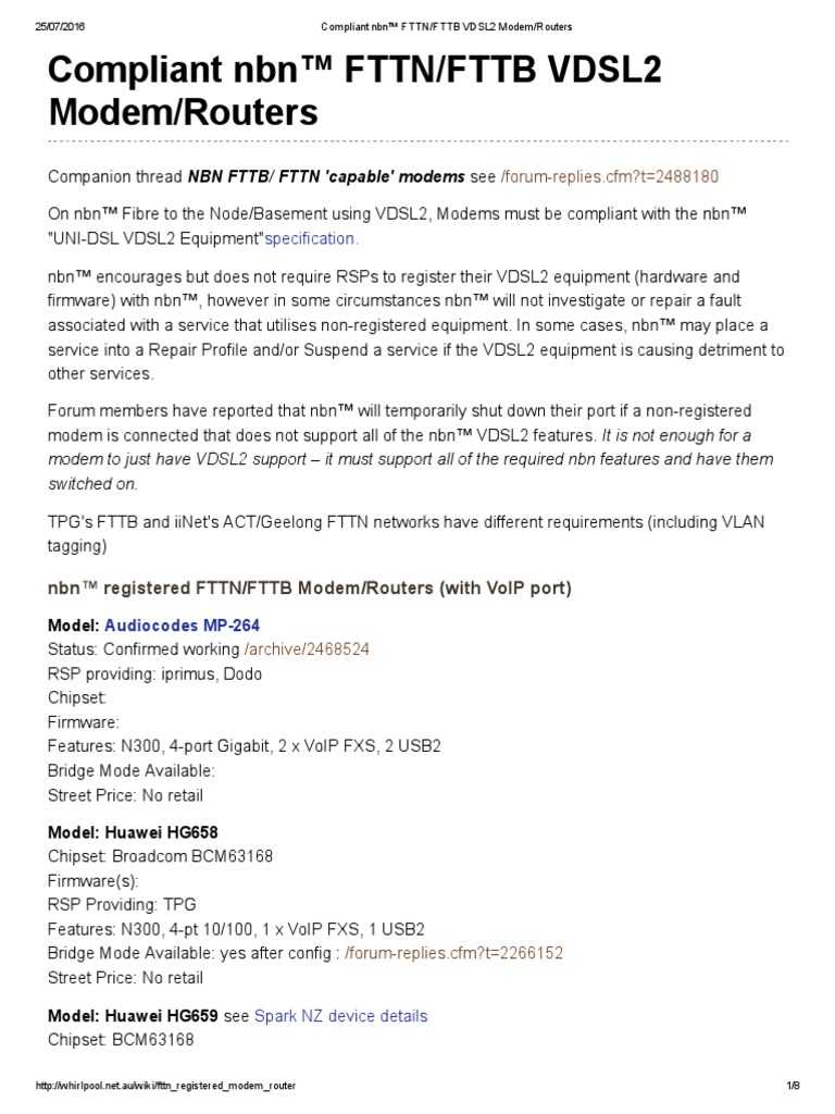 Compliant NBN™ FTTN - FTTB VDSL2 Modem - Routers | PDF | Fiber To The X ...