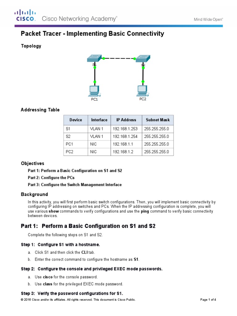 2.3.2.5 Packet Tracer - Implementing Basic Connectivity | PDF | Ip Address | Command Line Interface