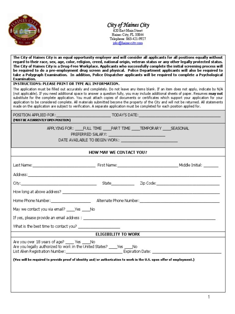 Haines City Job Application Form | PDF | Military Discharge | Race And ...