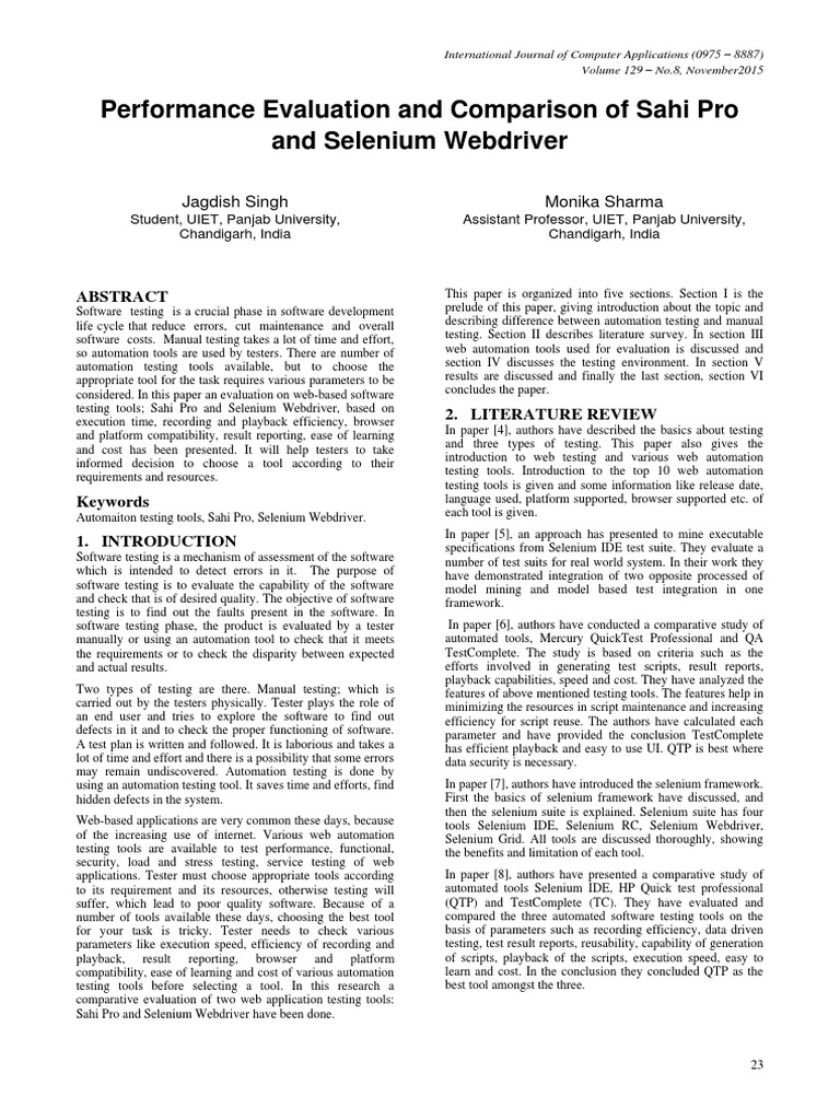 Performance Evaluation and Comparison of Sahi Pro and Selenium Webdriver | PDF