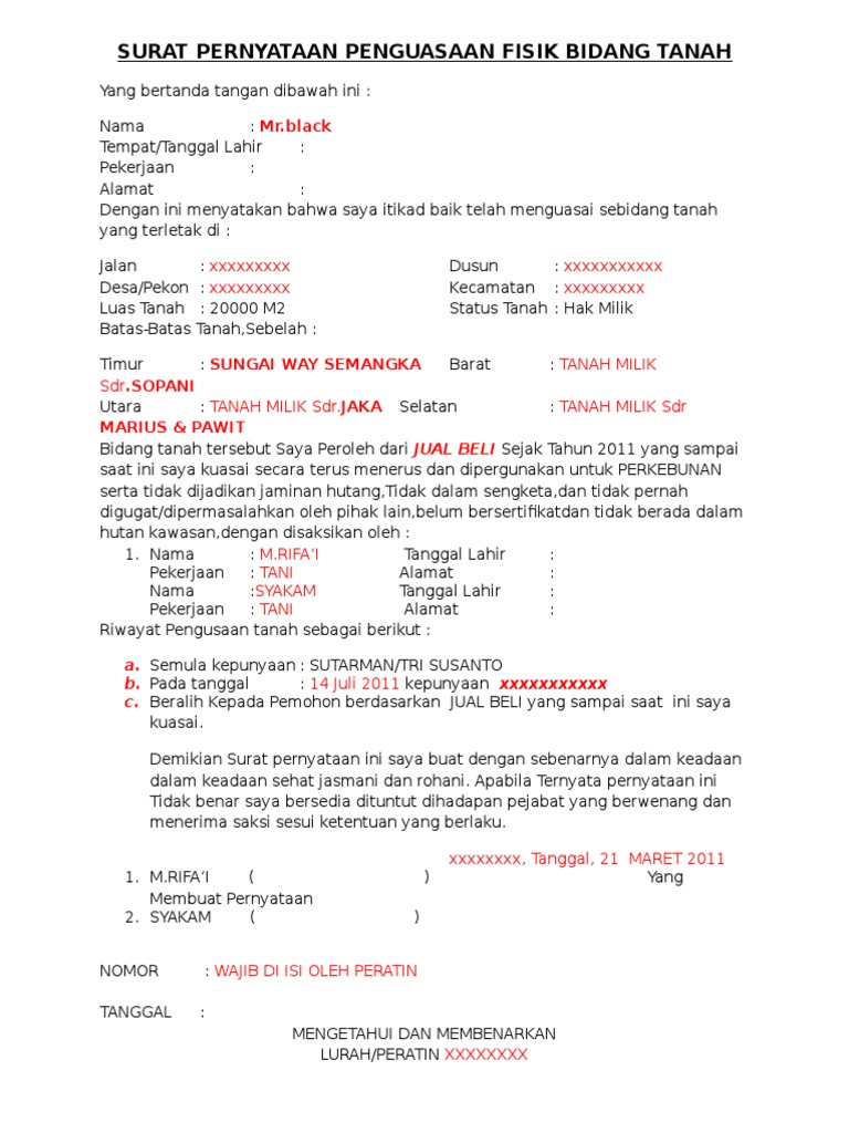Surat Pernyataan Penguasaan Tanah | PDF