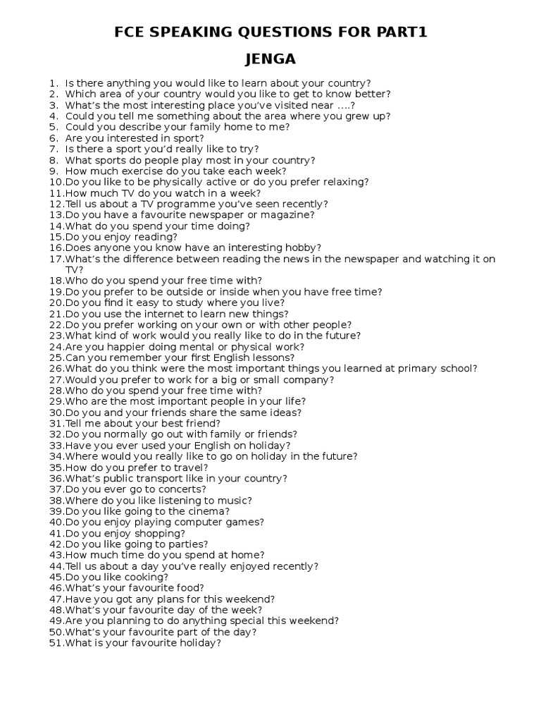Fce Speaking Questions For Part1 | PDF