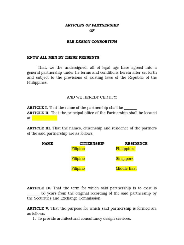 Articles of Partnership Template | Citizenship | Government