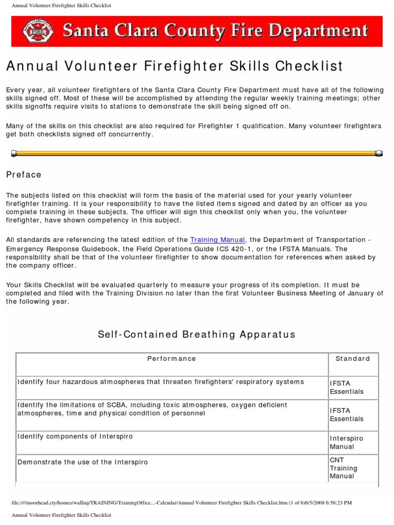 SCFD Annual Vol FF Skills Checklist | Firefighter | Incident Command System
