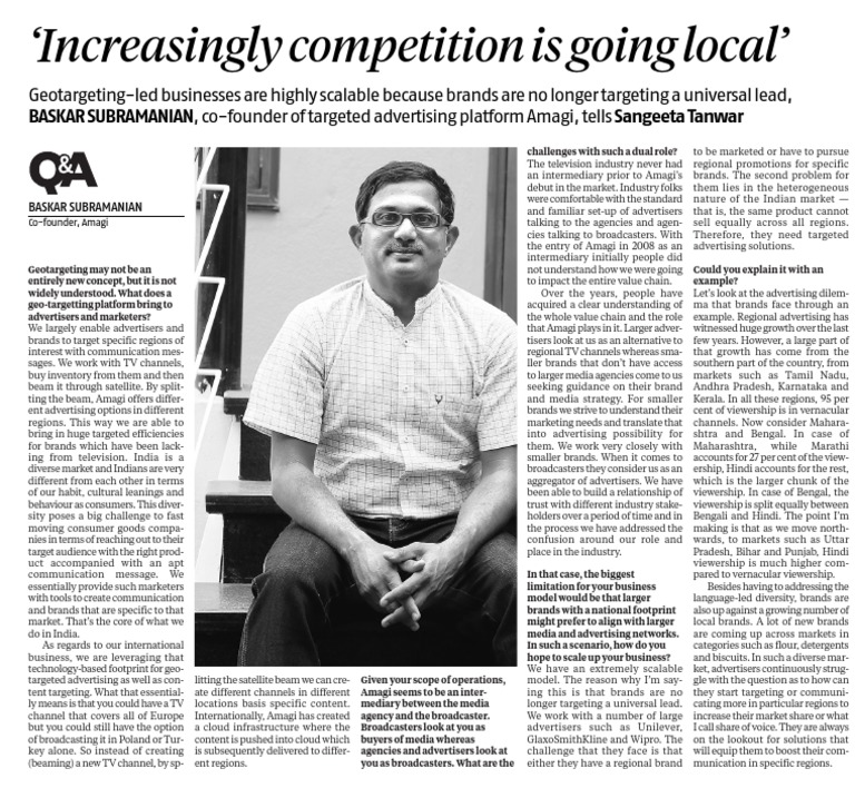 BASKAR SUBRAMANIAN, Co-Founder of Targeted Advertising Platform Amagi ...