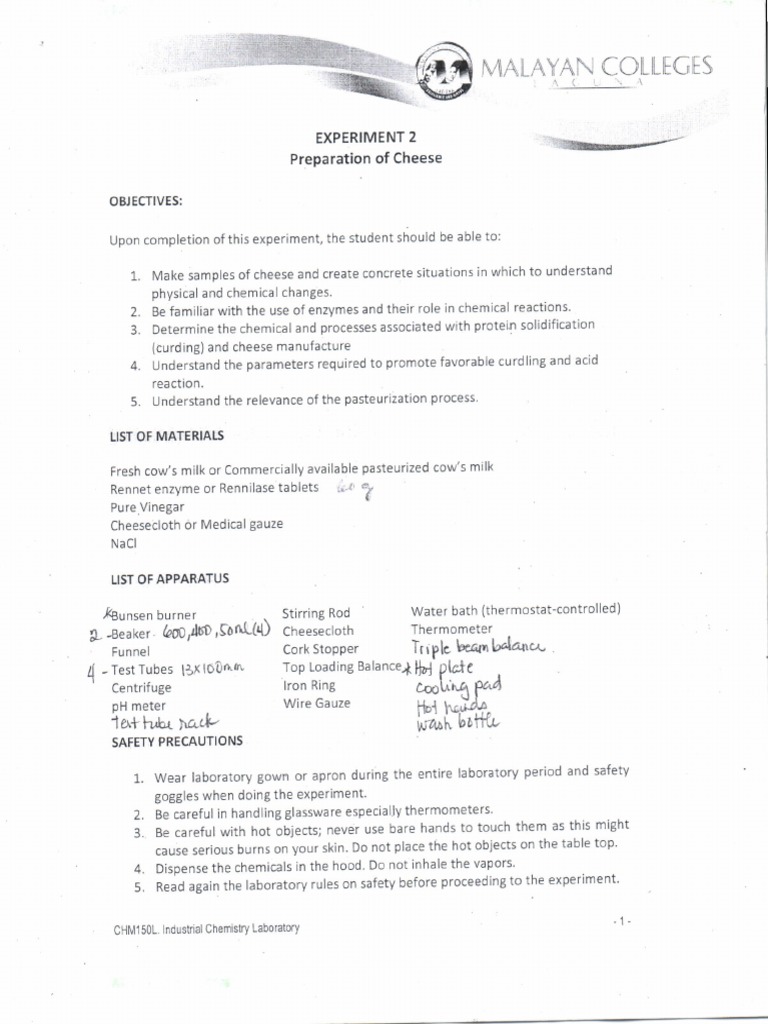 Experiment 1 - Cheese Making | PDF | Milk | Cheese