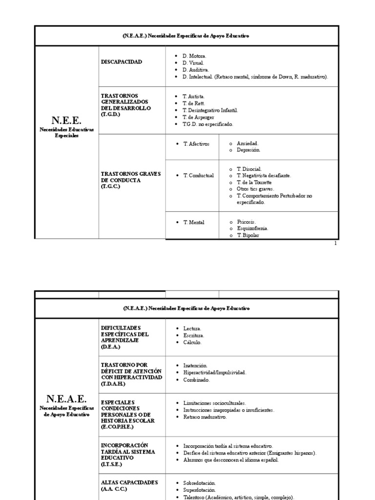 Clasificacion Neae | PDF | Desorden hiperactivo y deficit de atencion | Plan de estudios