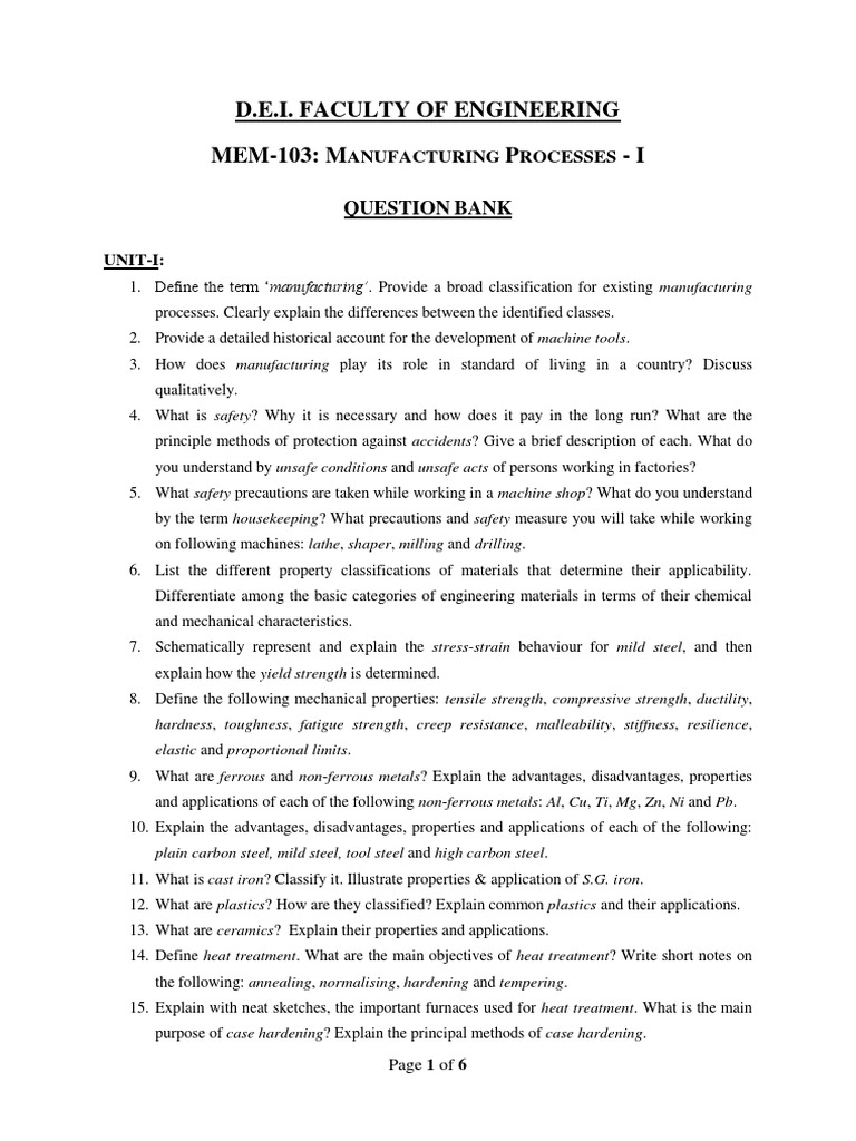 D.E.I. Faculty of Engineering MEM-103: M P - I | PDF