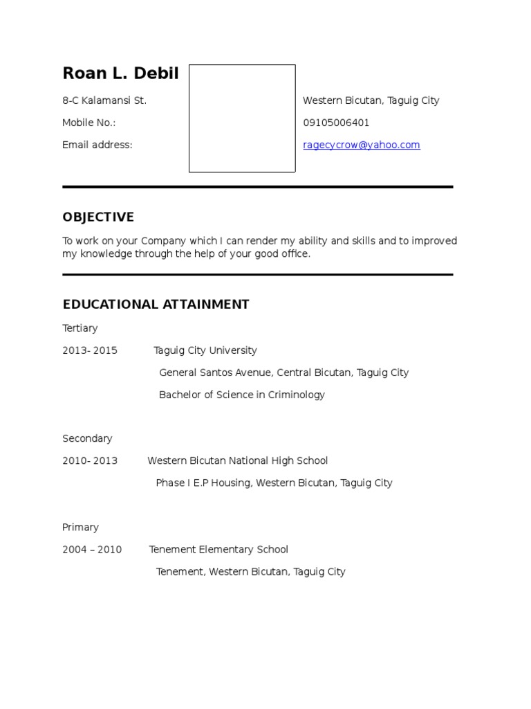 Roan Debil's Resume and Background Information | PDF