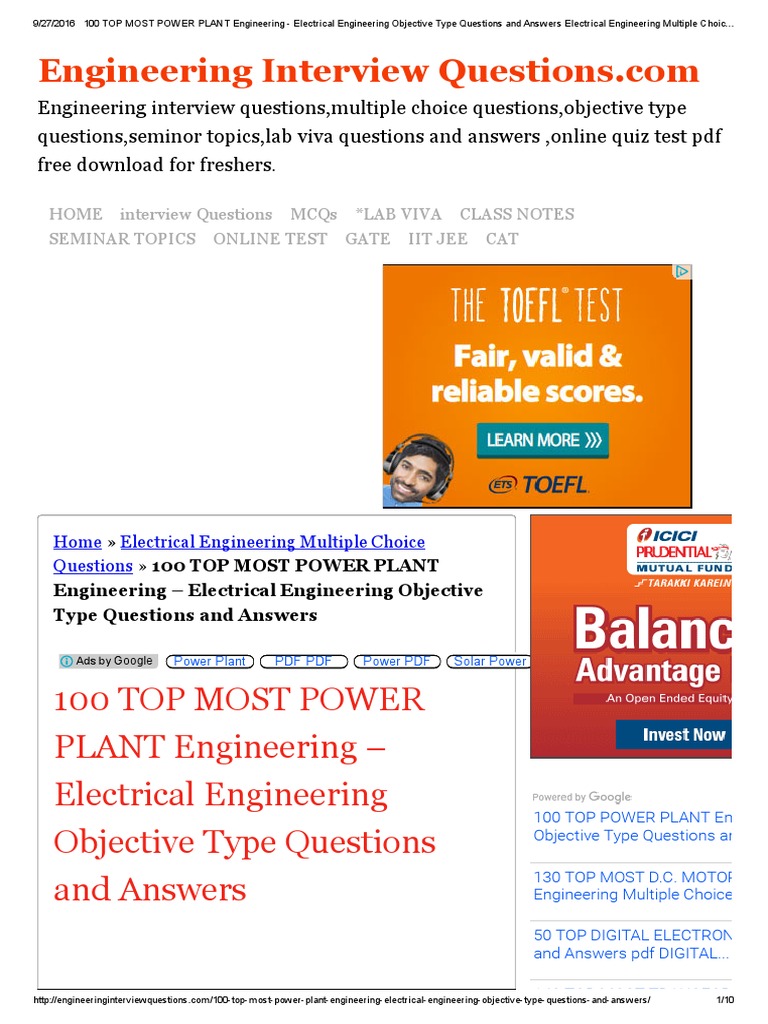 100 Top Most Power PLANT Engineering - Electrical Engineering Objective Type Questions and ...