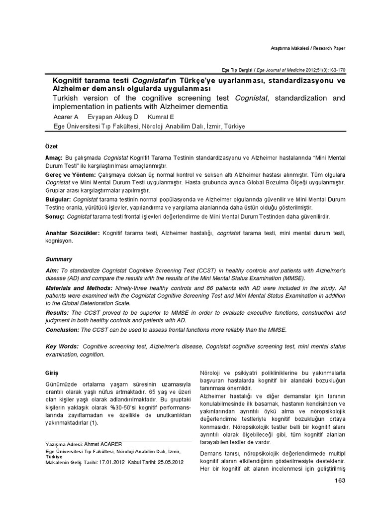 Cognistat Geçerlik Güvenirlik | PDF