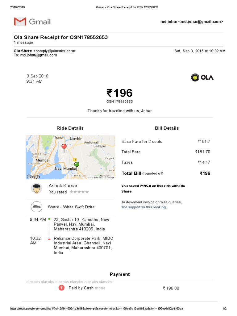 Ola Share Receipt For OSN178552653: 3 Sep 2016 9:34 AM | PDF