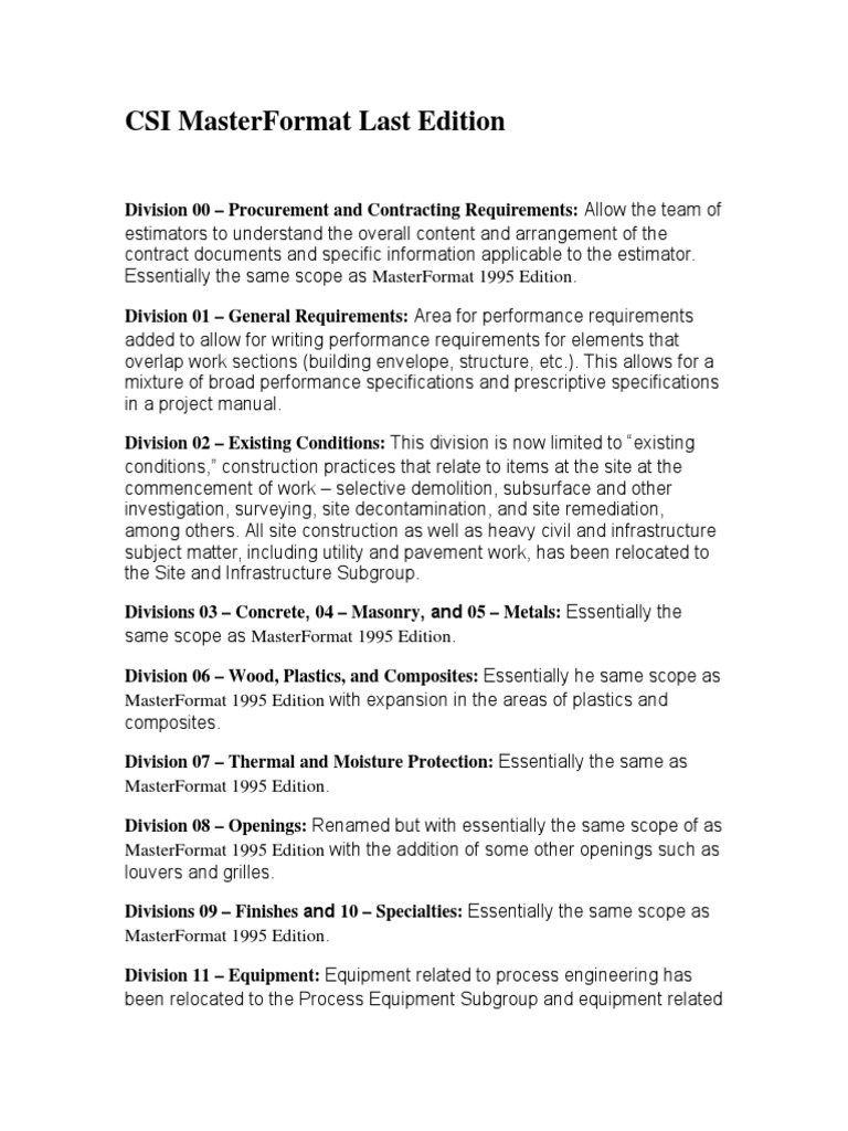 2004 CSI MasterFormat Overview | PDF | Electricity Generation | Hvac