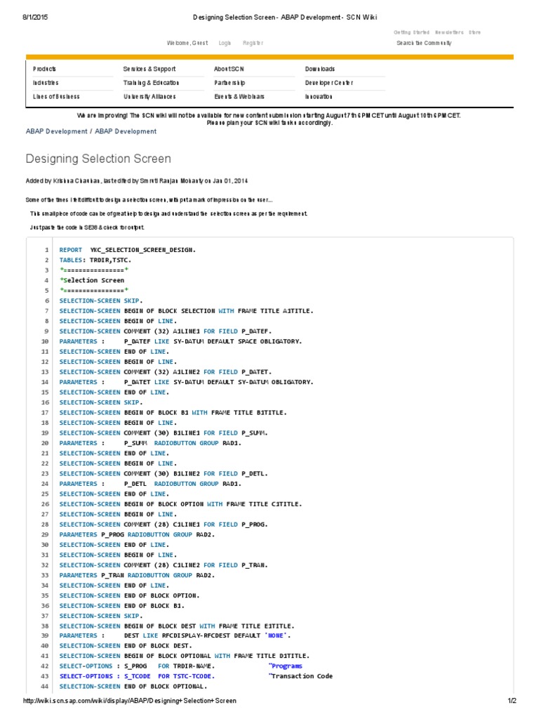 Designing Selection Screen Abap Development Scn Wiki Pdf Information Technology World 