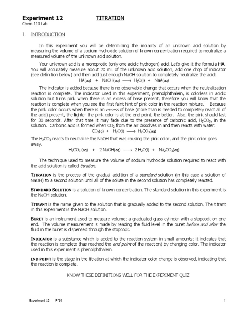 110 Lab 12 Titration | Download Free PDF | Titration | Chemistry