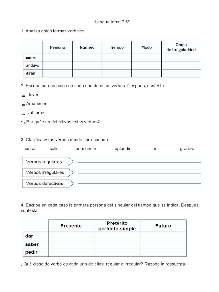Ejercicios de Verbos para 6º Primaria | PDF