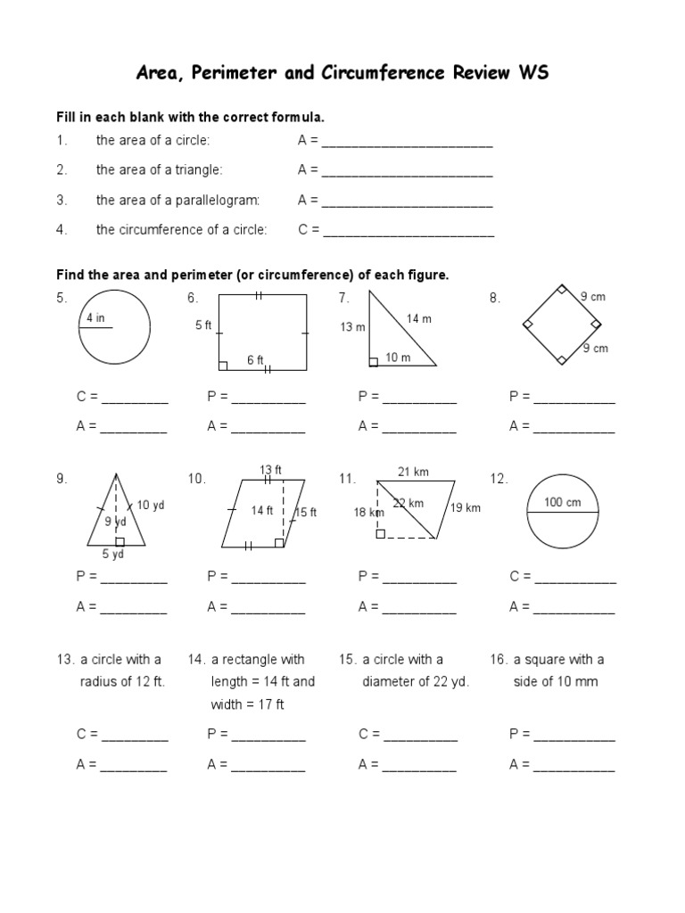 Area, Perimeter, Circumference Review-1 | Area | Length