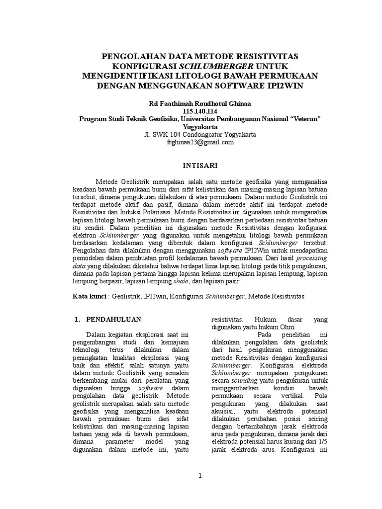 Pengolahan Data Metode Resistivitas Konfigurasi Schlumberger Untuk Mengidentifikasi Litologi ...