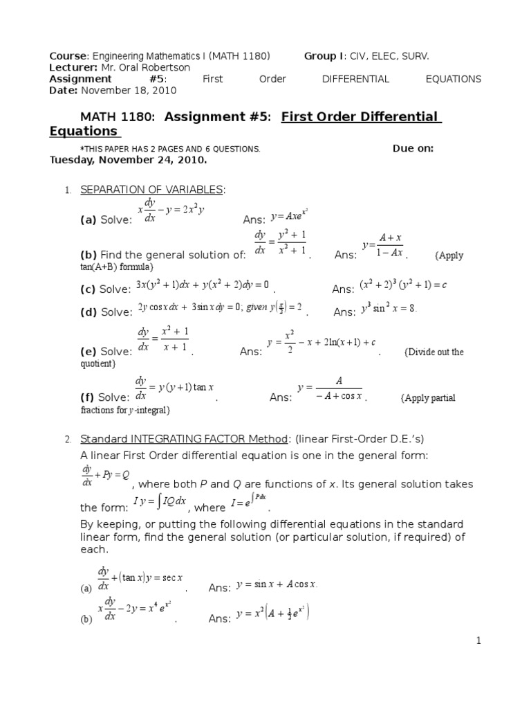 Math 1180 Assignment 5 | PDF | Differential Equations | Analysis