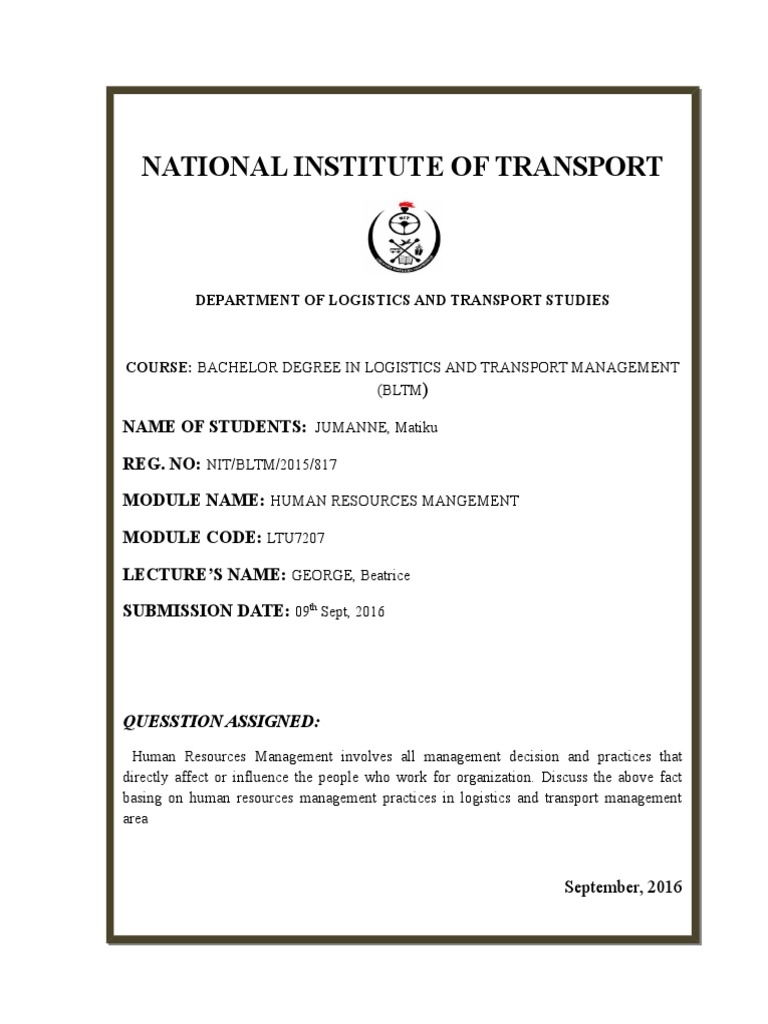 National Institute of Transport: Name of Students: Reg. No: Module Name ...