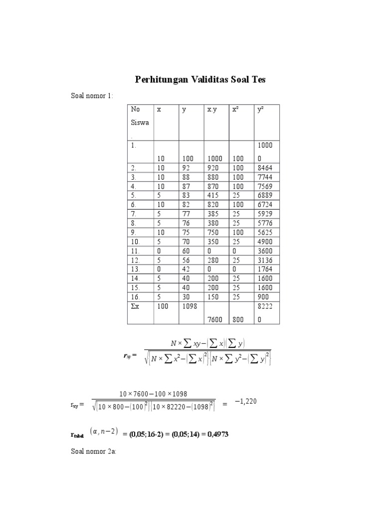 Perhitungan Validitas Soal Tes | PDF
