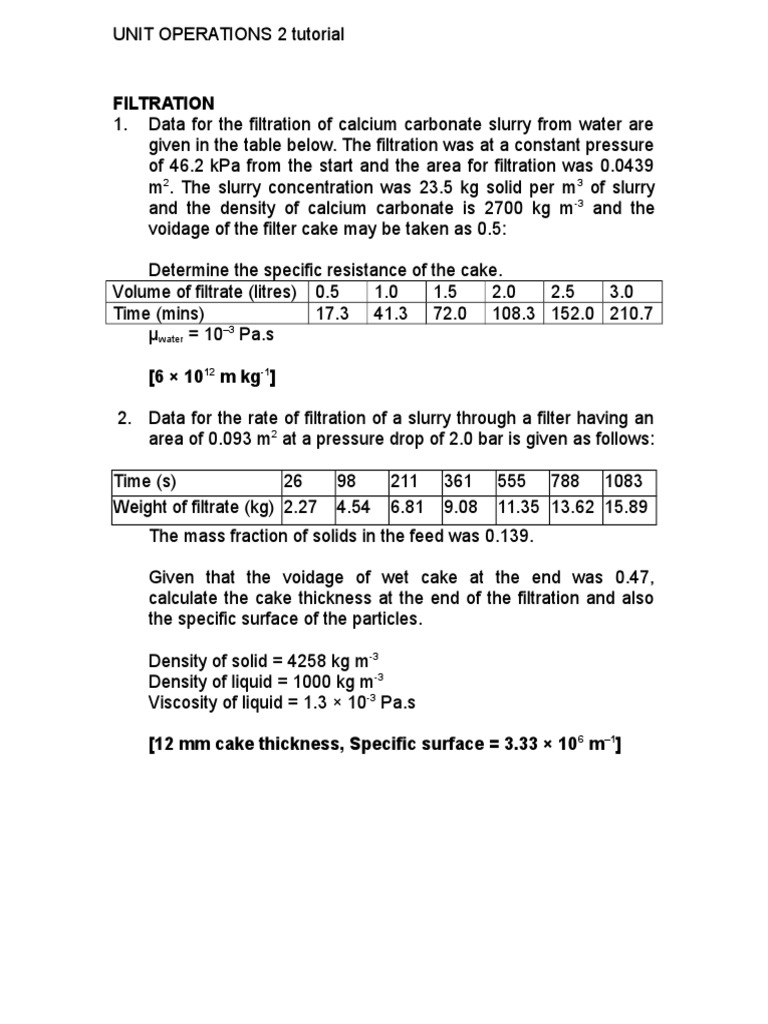 Unit Operations Tutorial 2015-2016 | PDF | Filtration | Pressure