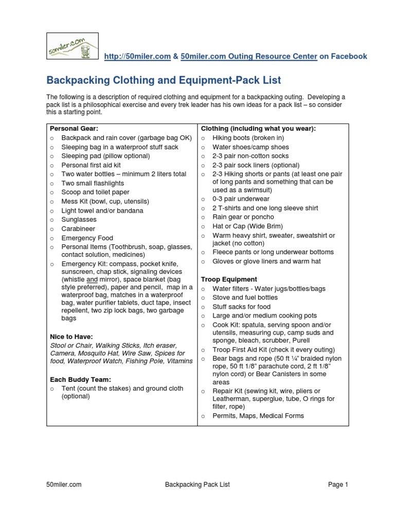Essential Backpacking Pack List | PDF | Backpacking (Wilderness) | Backpack
