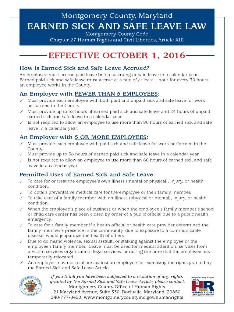 Montgomery County Earned Sick and Safe Leave Poster | PDF | Employment ...