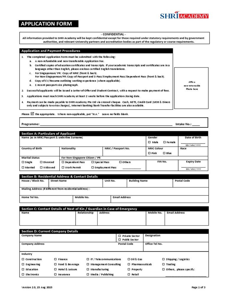 Application Form - SHRI Academy - v2 - 15 Aug 2015 | PDF | Personally ...
