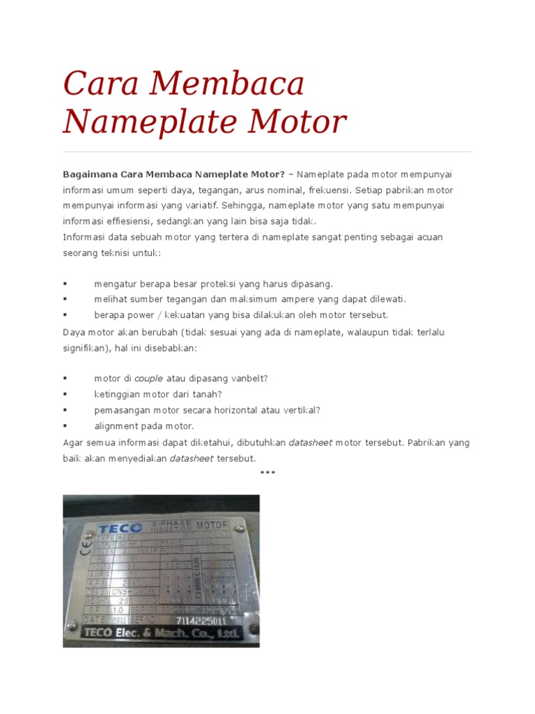 Panduan Membaca Nameplate Motor | PDF