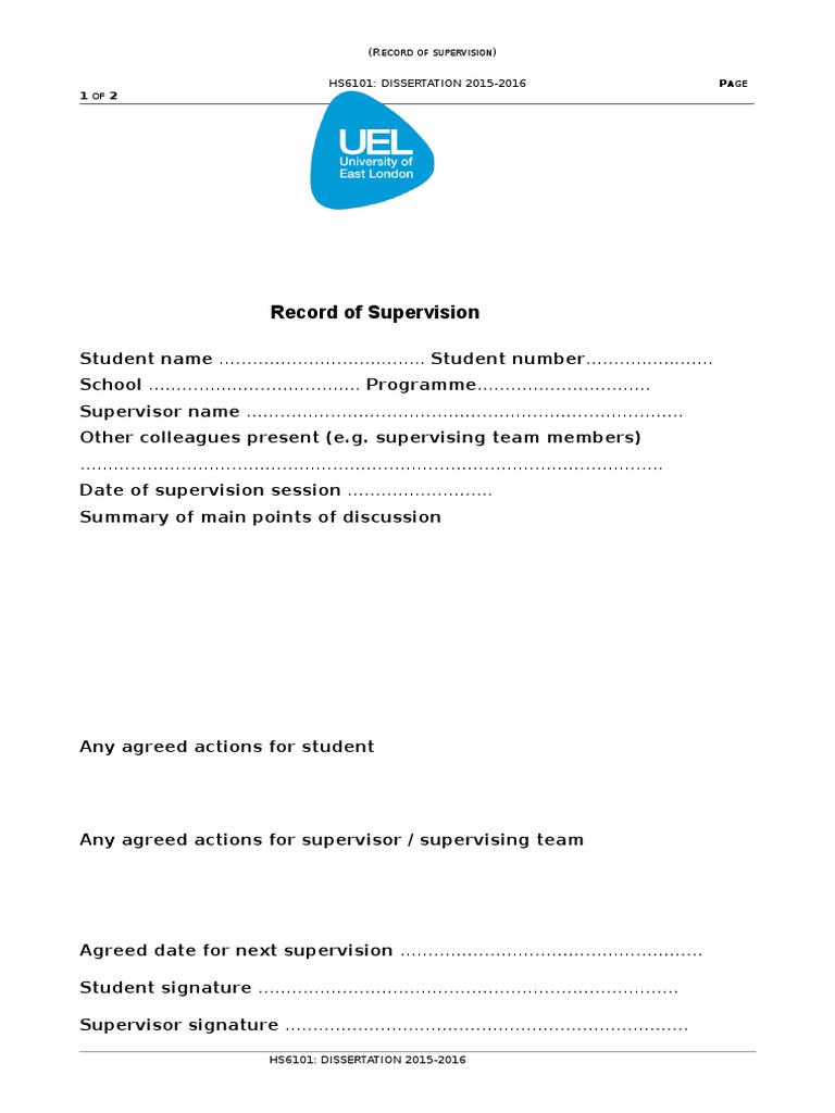 Record of Supervision: (R) Hs6101: Dissertation 2015-2016 P | PDF